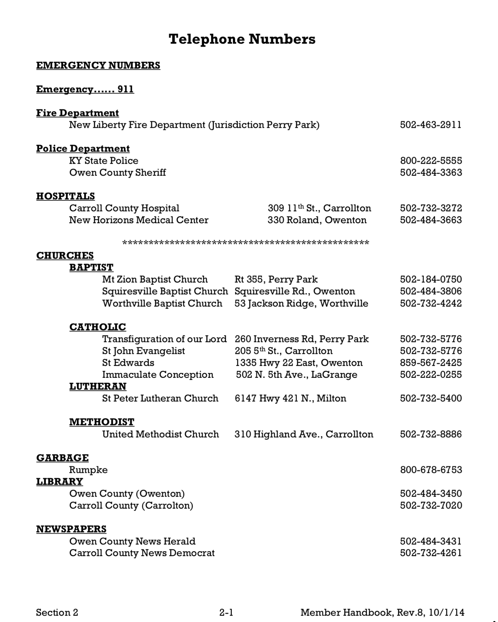 Phone Directory - Perry Park Resort Owners Association